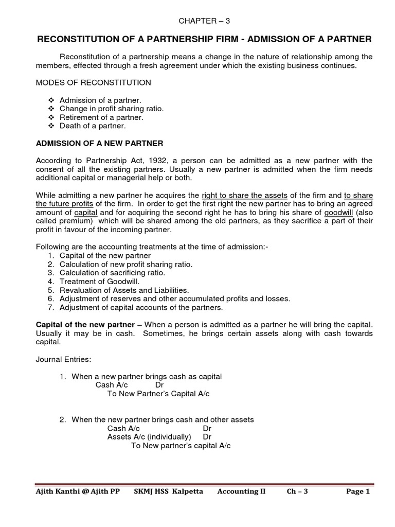 Hsslive-CHAPTER 3.2 Admission of A Partner - Notes | PDF | Goodwill ...