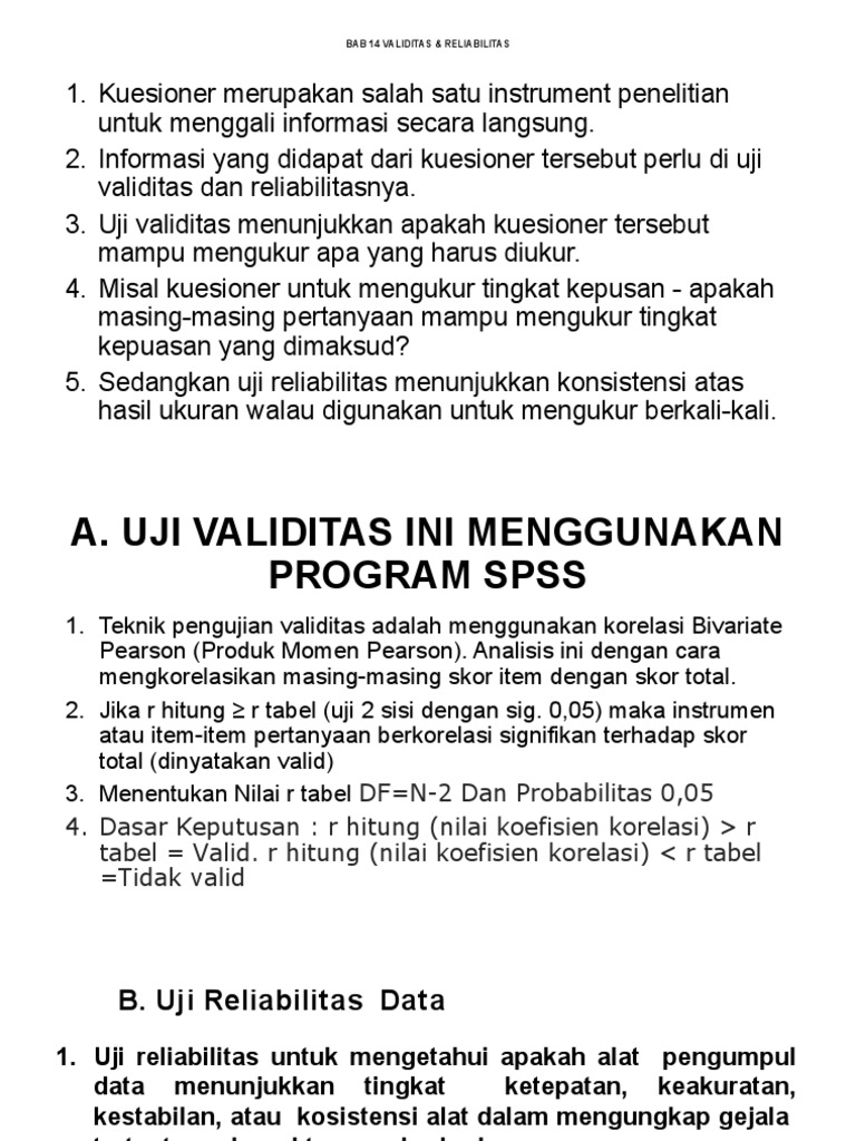 Presentation BAB 14 UJI VALIDITAS DAN RELIABILITAS | PDF | Teknologi & Rekayasa