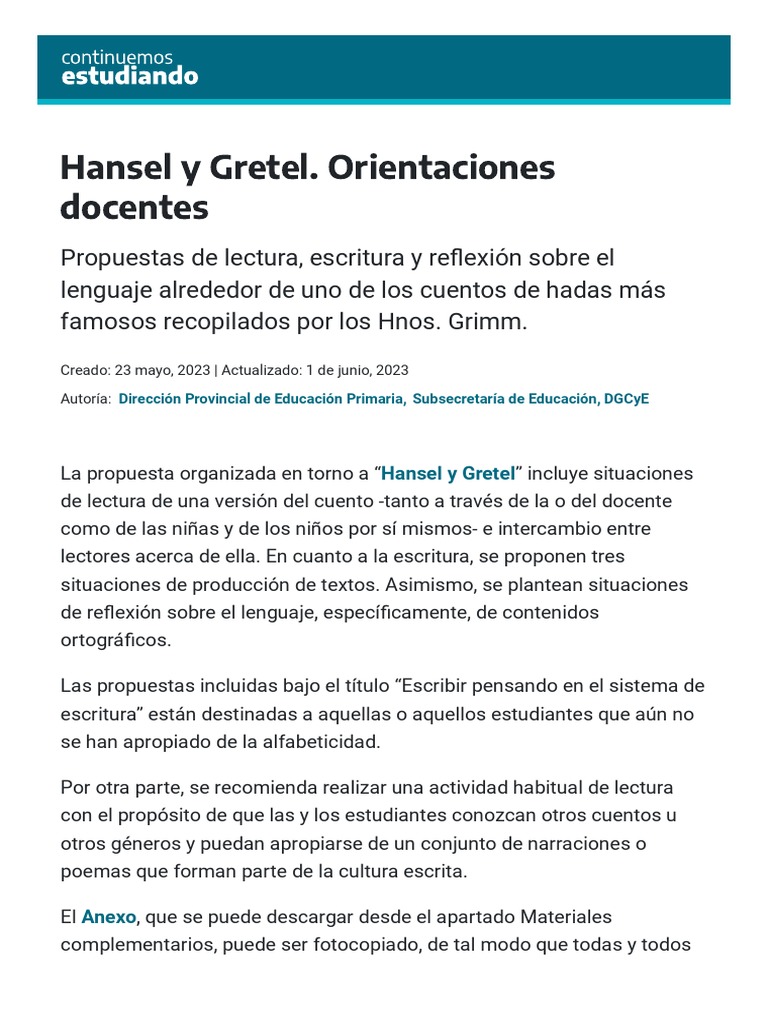 Hansel y Gretel Orientaciones Docentes Continuemos Estudiando ...