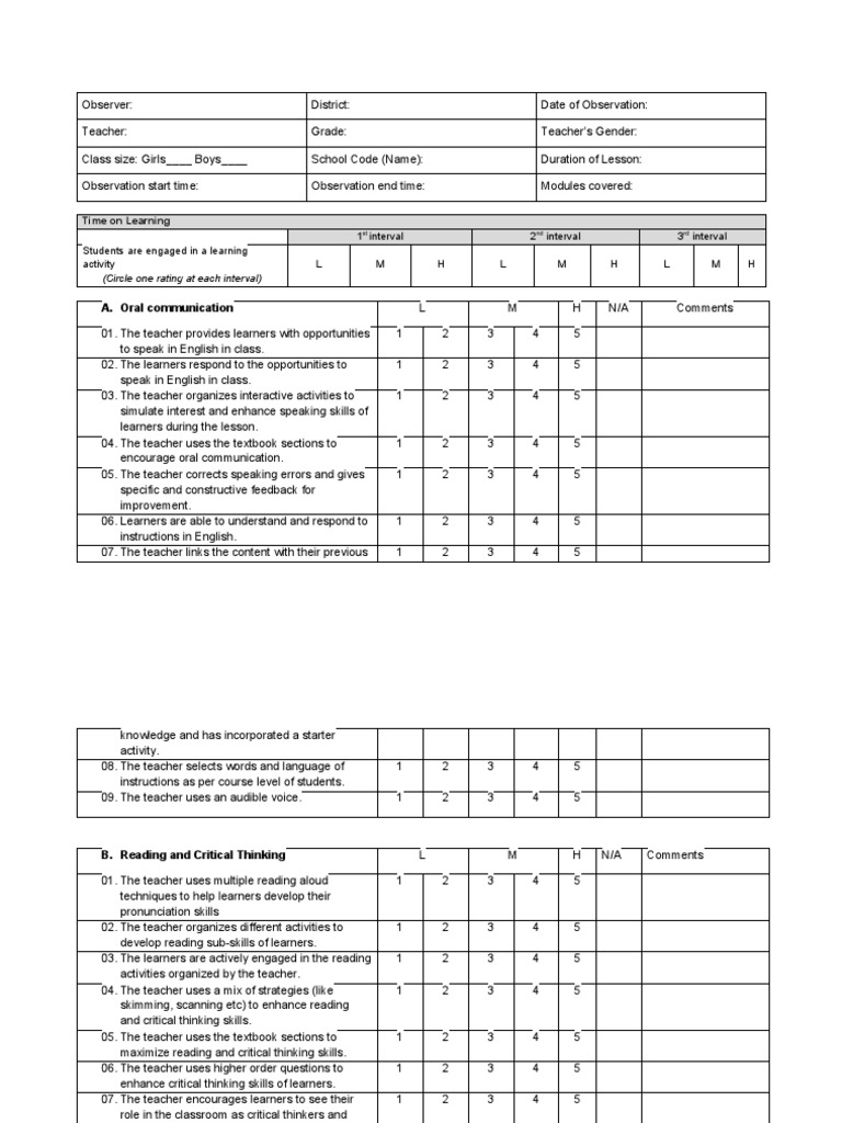 Final Observation Form | PDF | Teachers | Critical Thinking