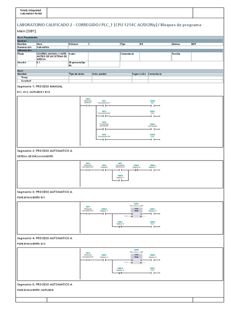Main (OB1) LABORATORIO CALIFICADO 2 PLC - CORREGIDO | PDF | Ingeniería Informática | Automatización