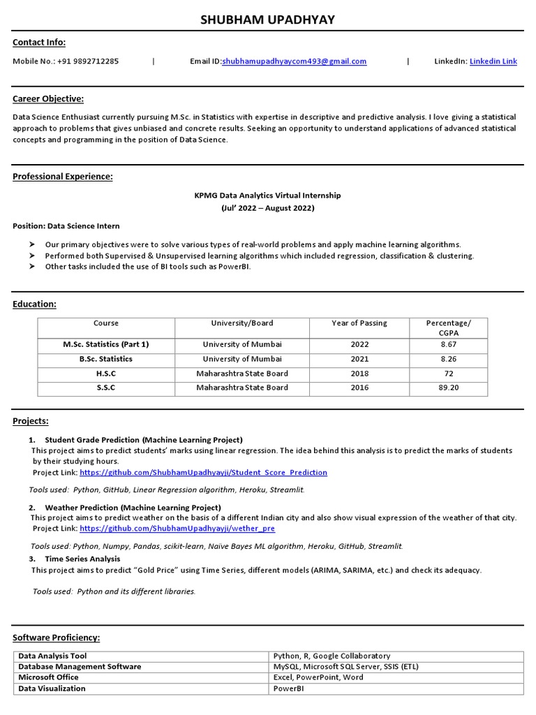 Shubham Upadhyay's Resume | PDF | Machine Learning | Statistics