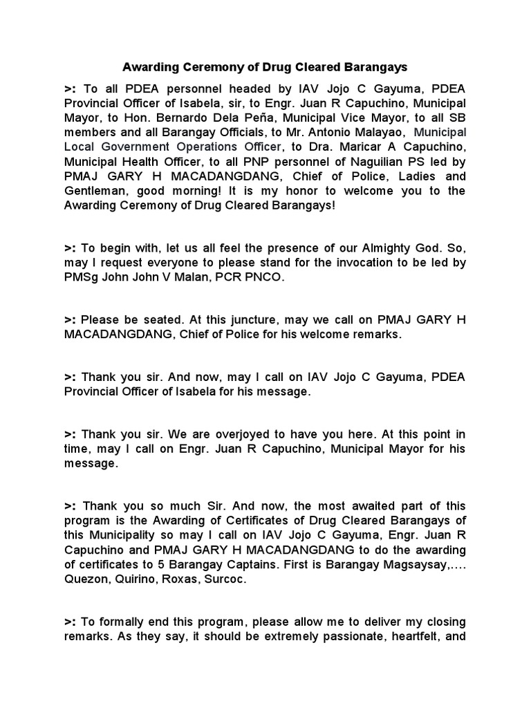 EMCEE Awarding Ceremony of Drug Cleared Barangays | PDF