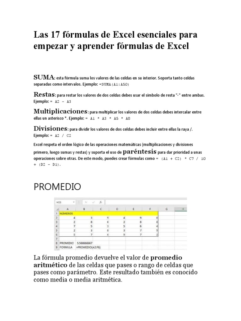 Las 17 fórmulas de Excel esenciales para empezar y aprender fórmulas de Excel | PDF | Microsoft ...