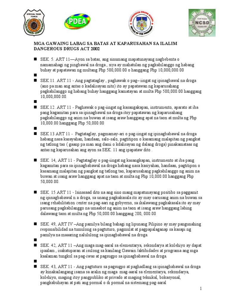 Mga Gawaing Labag Sa Batas at Kaparusahan Sa Ilalim Dangerous Drugs Act ...