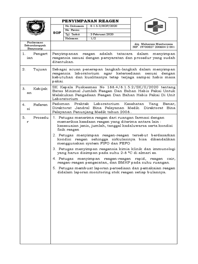 Sop Penyimpanan Reagen | PDF
