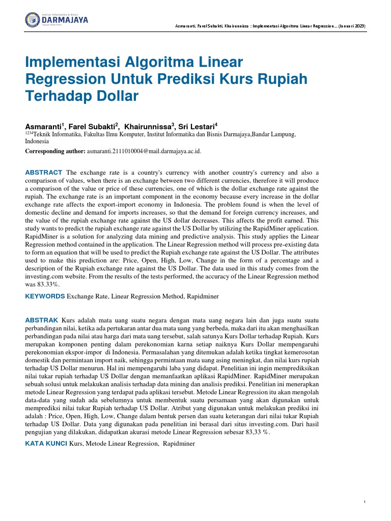 PREDIKSI KURS RUPIAH TERHADAP DOLLAR DENGAN MENGGUNAKAN ALGORITMA ...