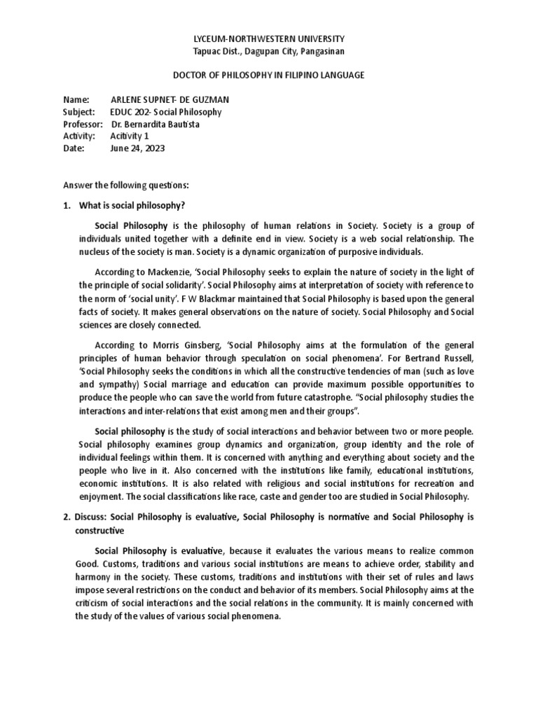 ARLENE-DE-GUZMAN-SOCIAL-PHILOSOPHY-ACTIVITY | PDF | Society | Political ...