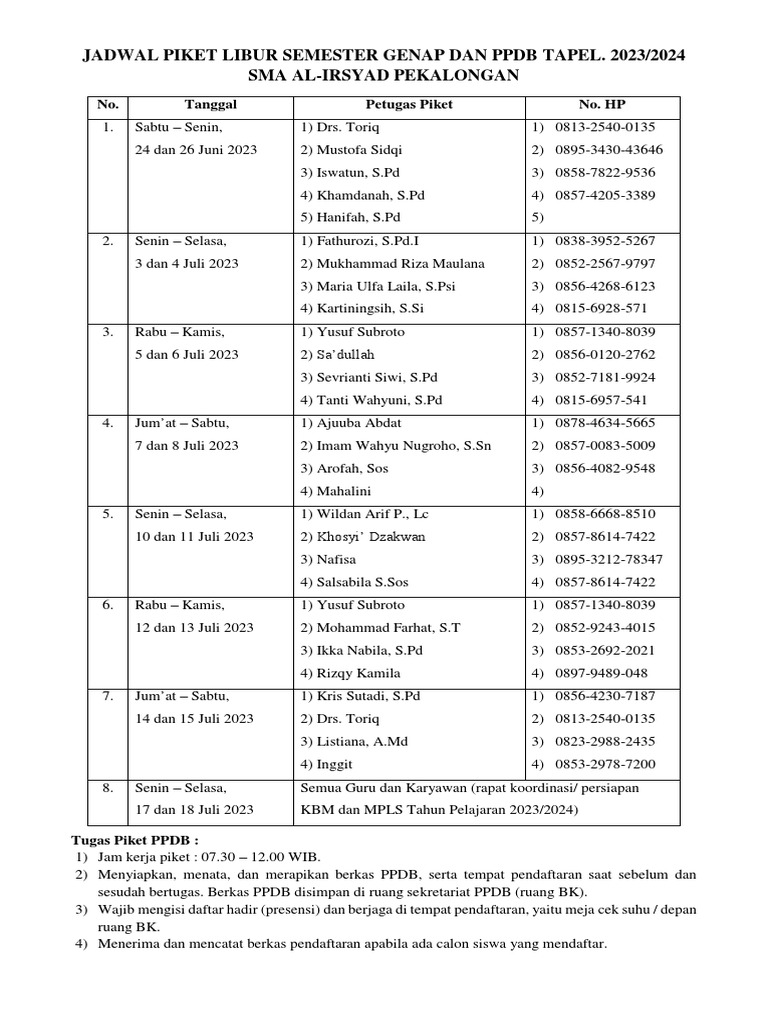 Jadwal Piket Libur Semester Genap Dan PPDB 2023 | PDF