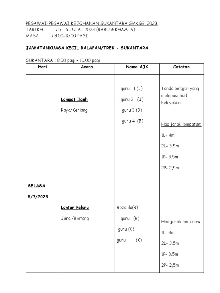 JADUAL BERTUGAS AJK PERTANDINGAN 2023 Updated June 24 | PDF