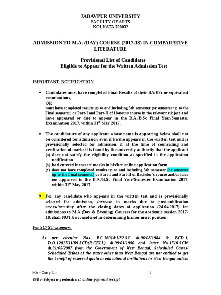 Jadavpur University: MA - Comp. Lit. 1 | PDF | Bachelor's Degree ...