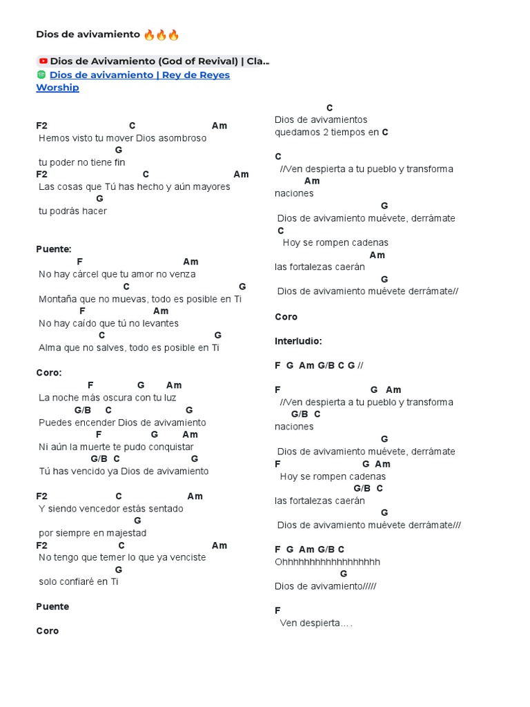 Dios de Avivamiento - Bethel Music - Rey de Reyes Worship - Letra y Acordes | PDF
