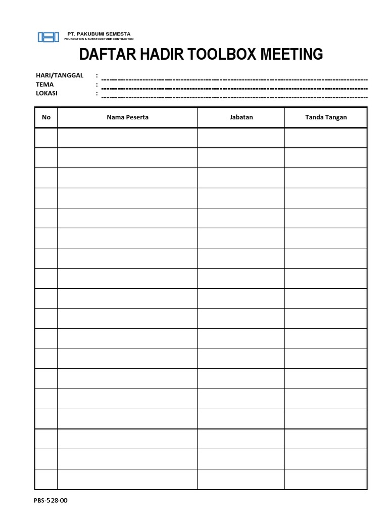 Form Daftar Hadir Toolbox Meeting | PDF