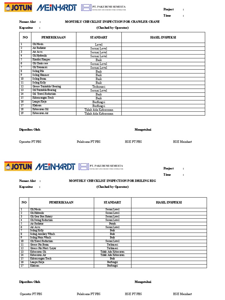 Checklist Bulanan Alat Berat dan HSPD | PDF | Teknologi & Rekayasa
