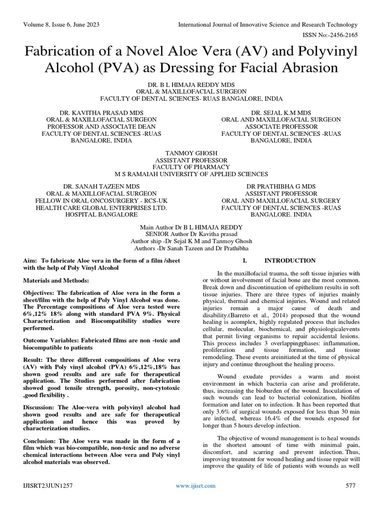 Fabrication of A Novel Aloe Vera (AV) and Polyvinyl Alcohol (PVA) As Dressing For Facial ...
