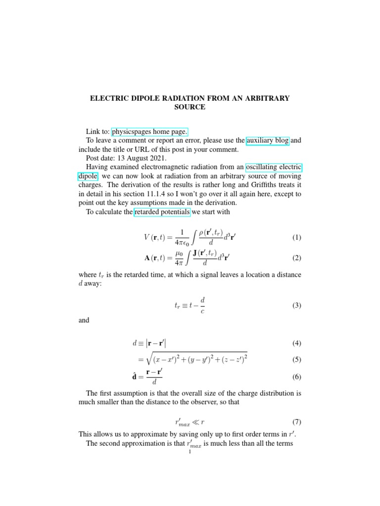 Electric Dipole Radiation From An Arbitrary Source | PDF | Dipole | Electromagnetic Radiation