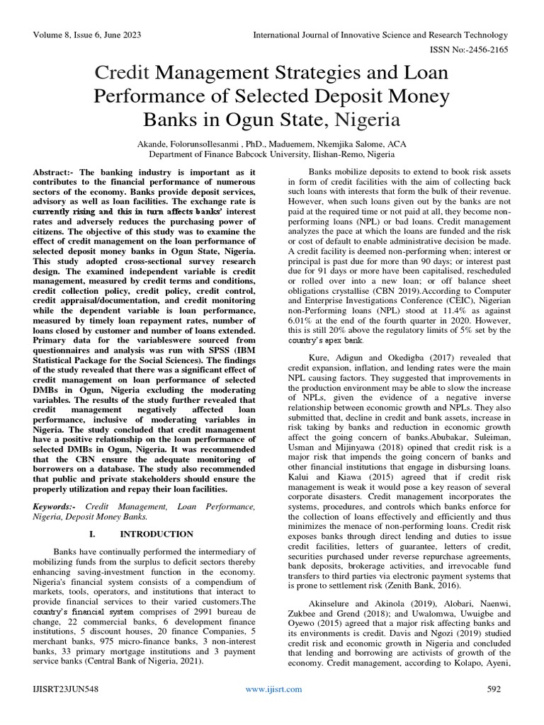 Credit Management Strategies and Loan Performance of Selected Deposit Money Banks in Ogun State ...