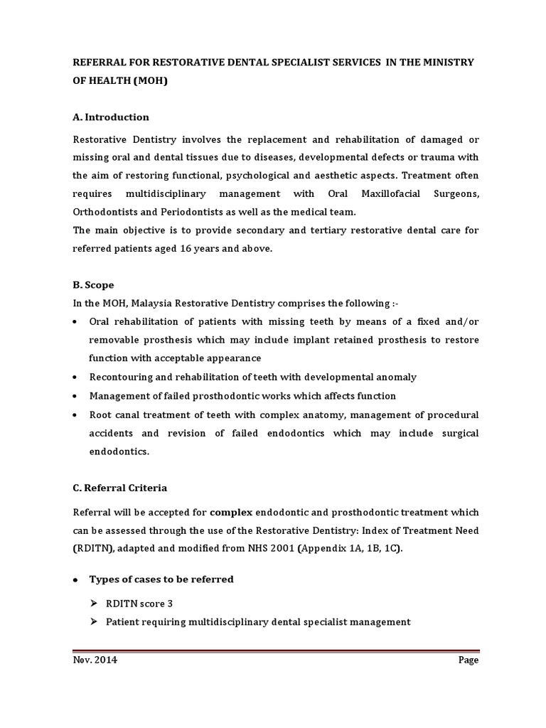 Guidelines For Referral To Restorative Specialst MOH | PDF | Dentistry ...
