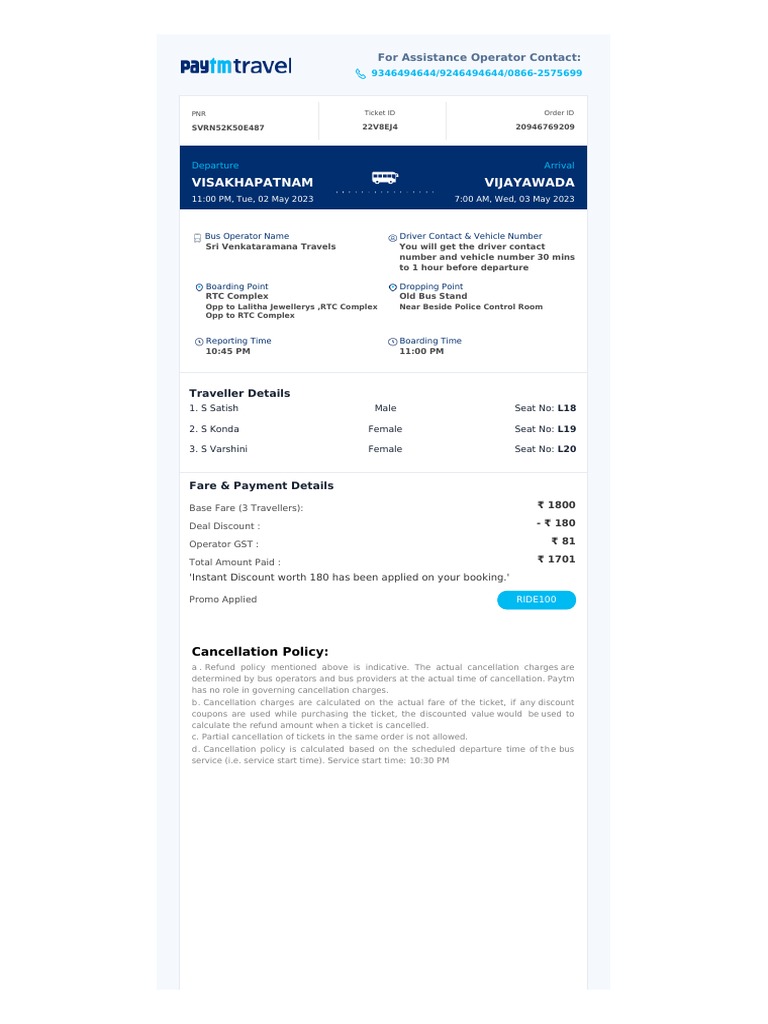 Paytm Bus Ticket: Visakhapatnam to Vijayawada | PDF | Baggage | Service ...