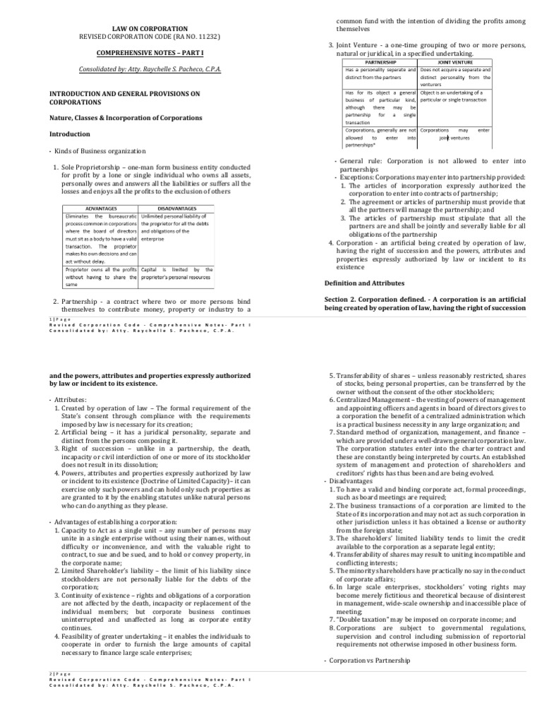 Revised Corporation Code_Part I (1) | PDF | Corporations | Partnership