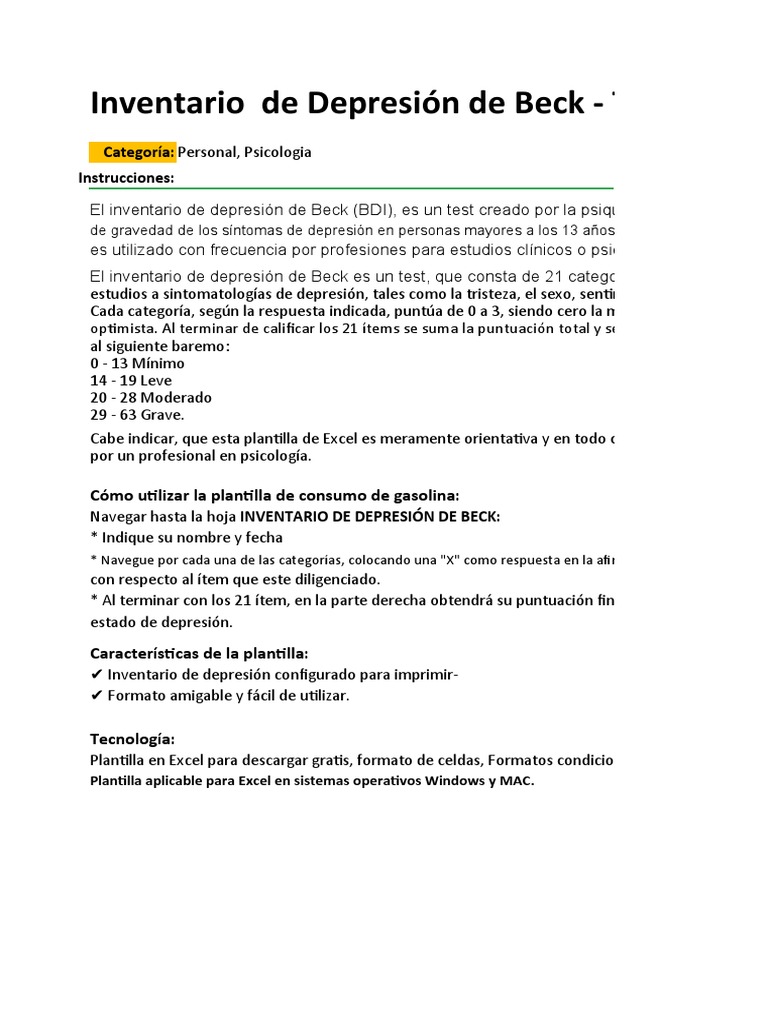 Inventario Depresion de Beck. ADA | PDF | Depresión (estado de ánimo ...