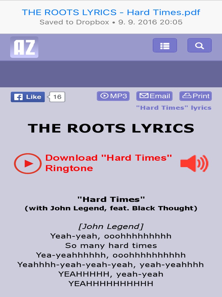 THE ROOTS LYRICS - Hard Times | PDF