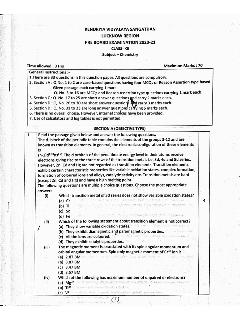 Kendriya Vidyalaya Cbse Board Paper 2020 | PDF