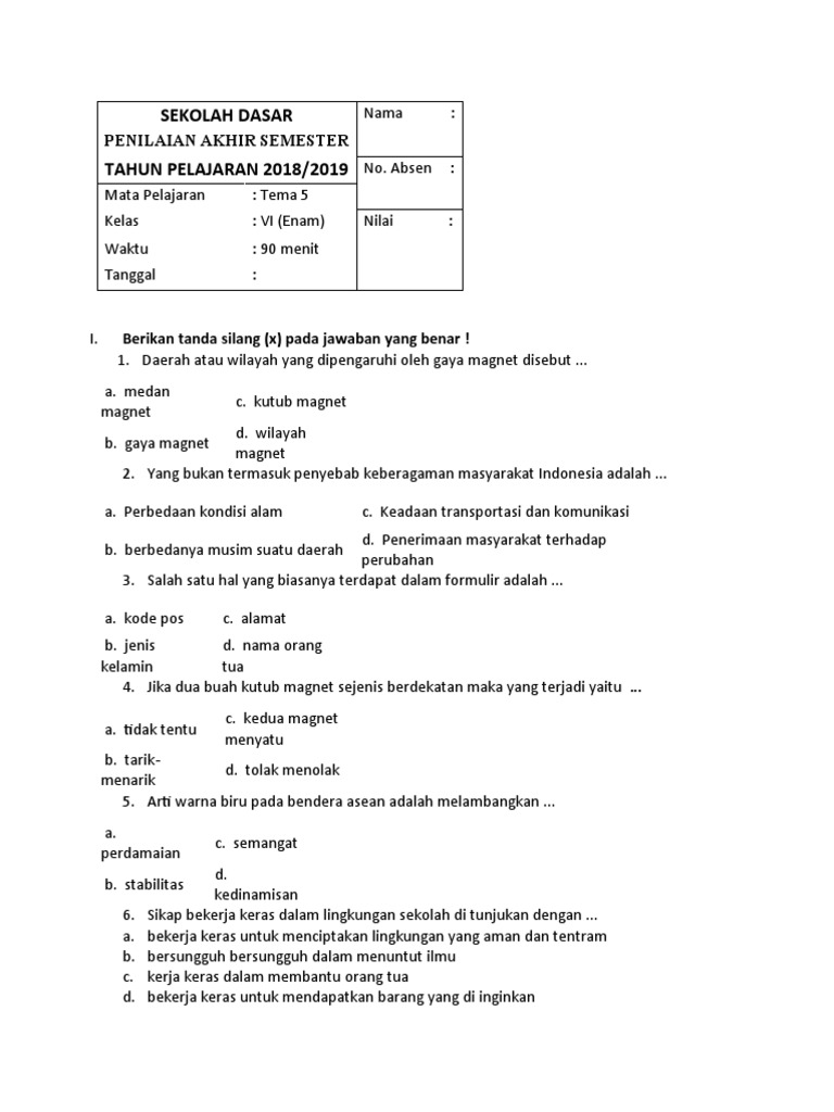 Ujian Tema 5 Kelas VI 2018/2019 | PDF | Perjalanan