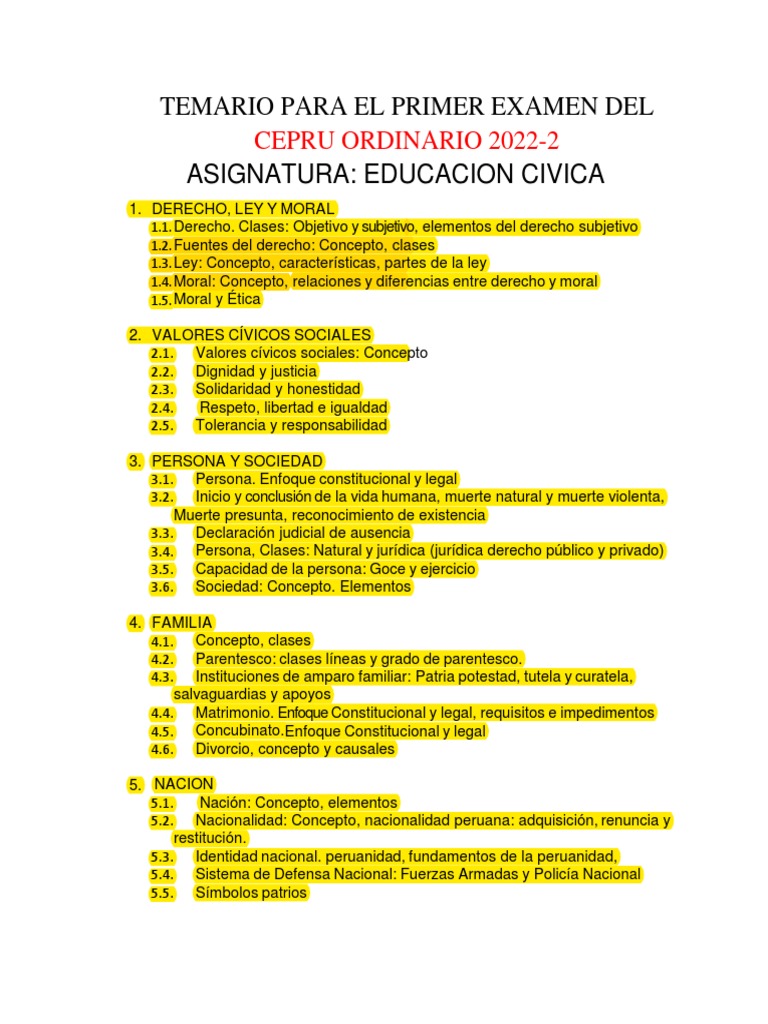 Temario de Educacion Civica para El Primer Examen Cepru Ordinario 2022-2 | PDF