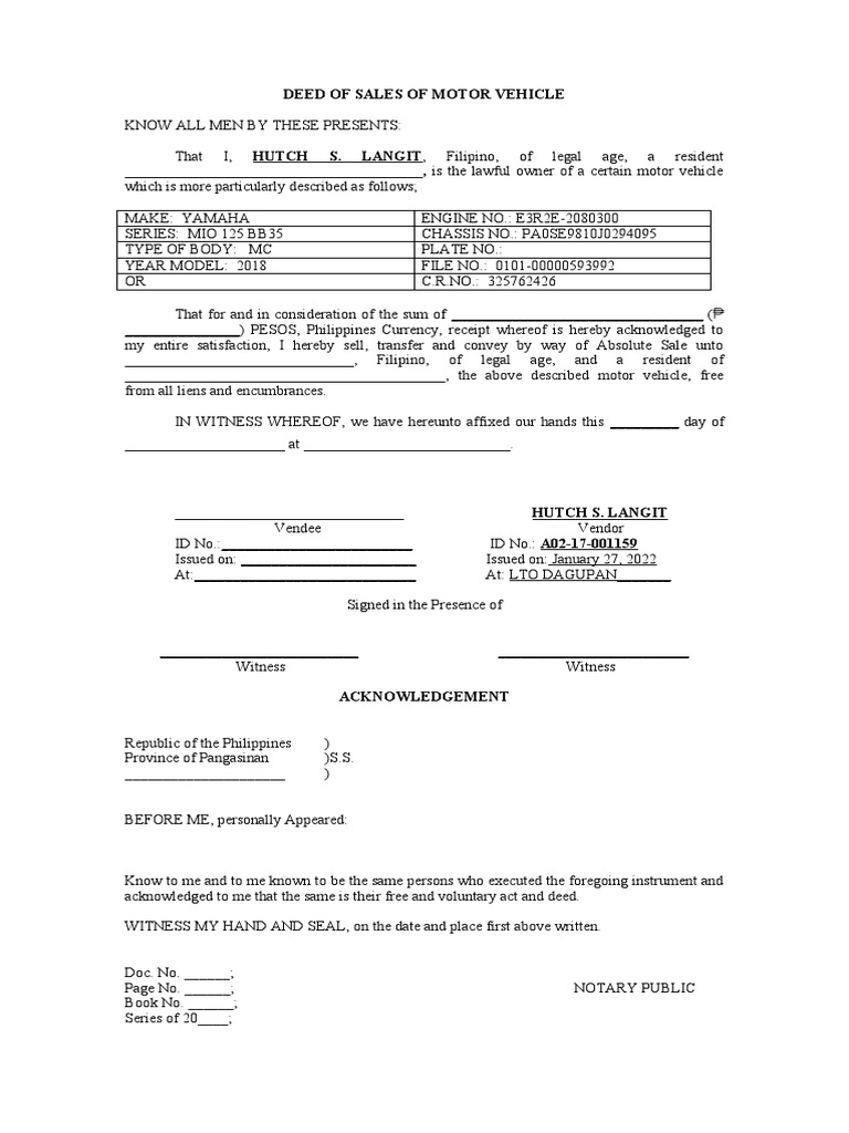 DEED OF SALES OF MOTOR VEHICLE (BLank) | PDF | Vehicles | Natural ...