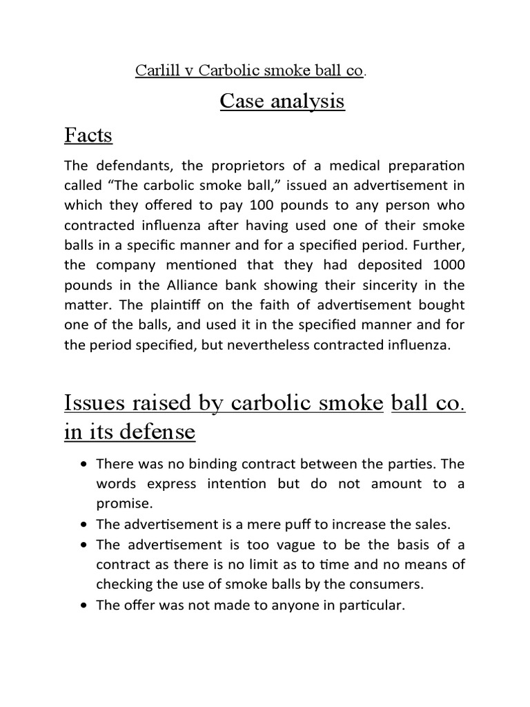 Carlill v Carbolic Smoke Ball Analysis | PDF | Precedent | Obiter Dictum