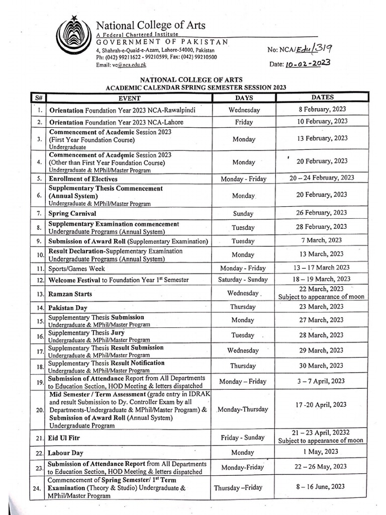 Academic Calendar Spring Semester 2023 | PDF