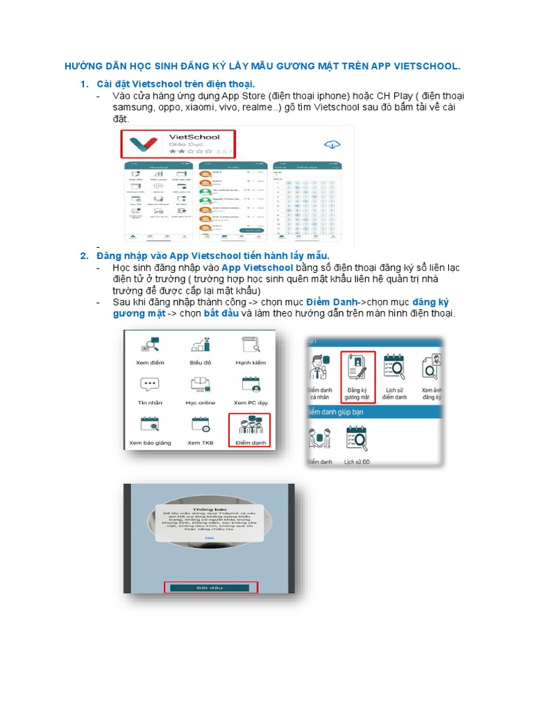 HƯỚNG DẪN HỌC SINH ĐĂNG KÝ LẤY MẪU GƯƠNG MẶT TRÊN APP VIETSCHOOL | PDF