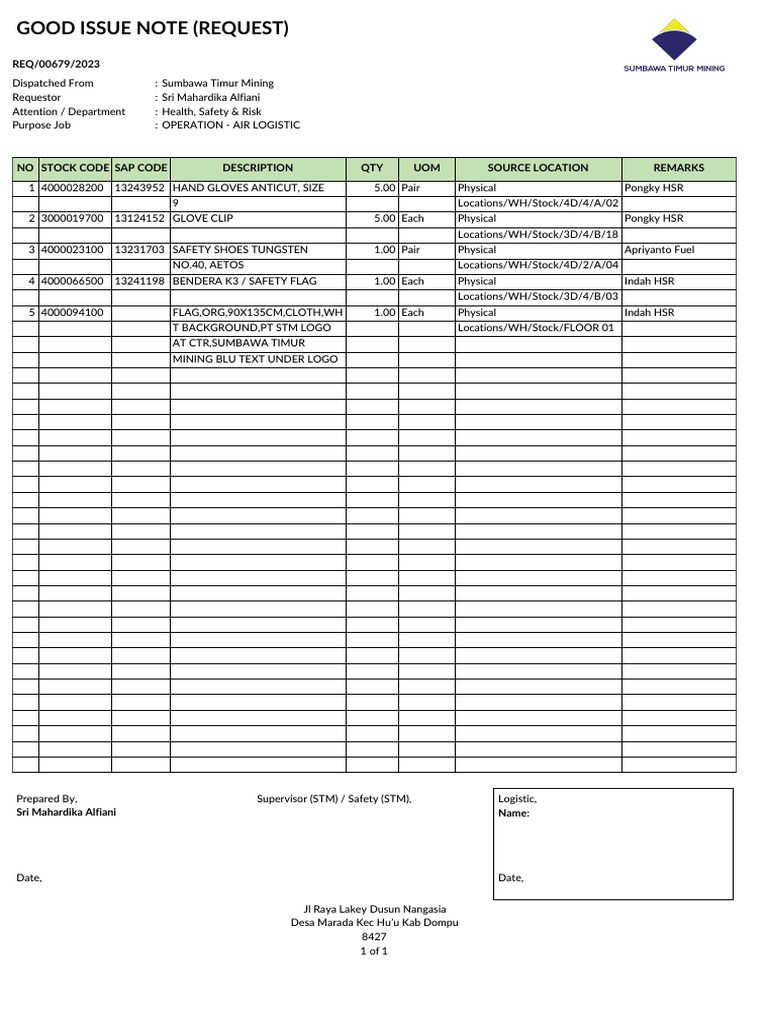 Good Issue Note - Sri Mahardika Alfiani - REQ - 00679 - 2023 | PDF