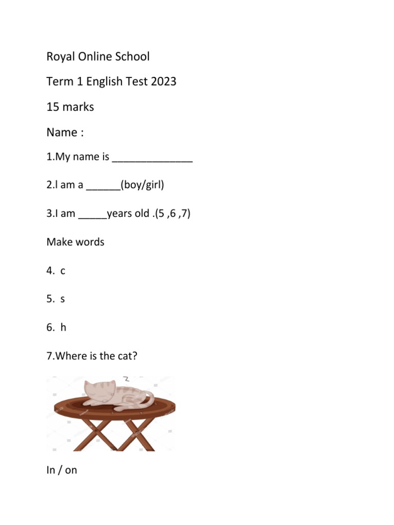 Grade 1 English Test 2023 | PDF