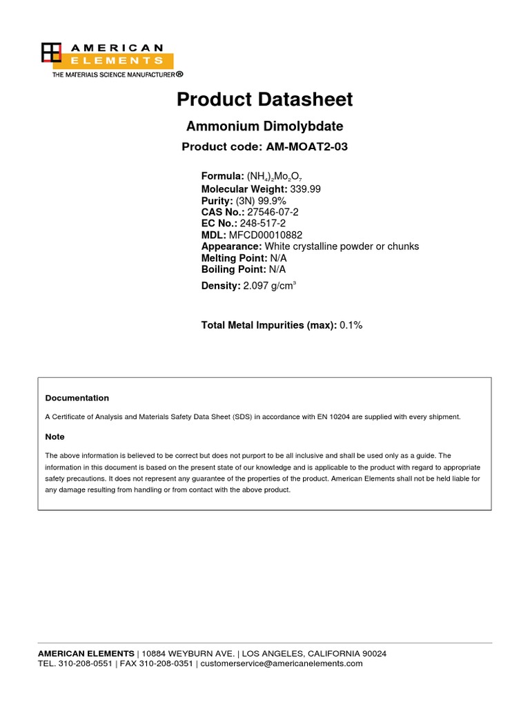 Ammonium Dimolybdate Product Datasheet | PDF