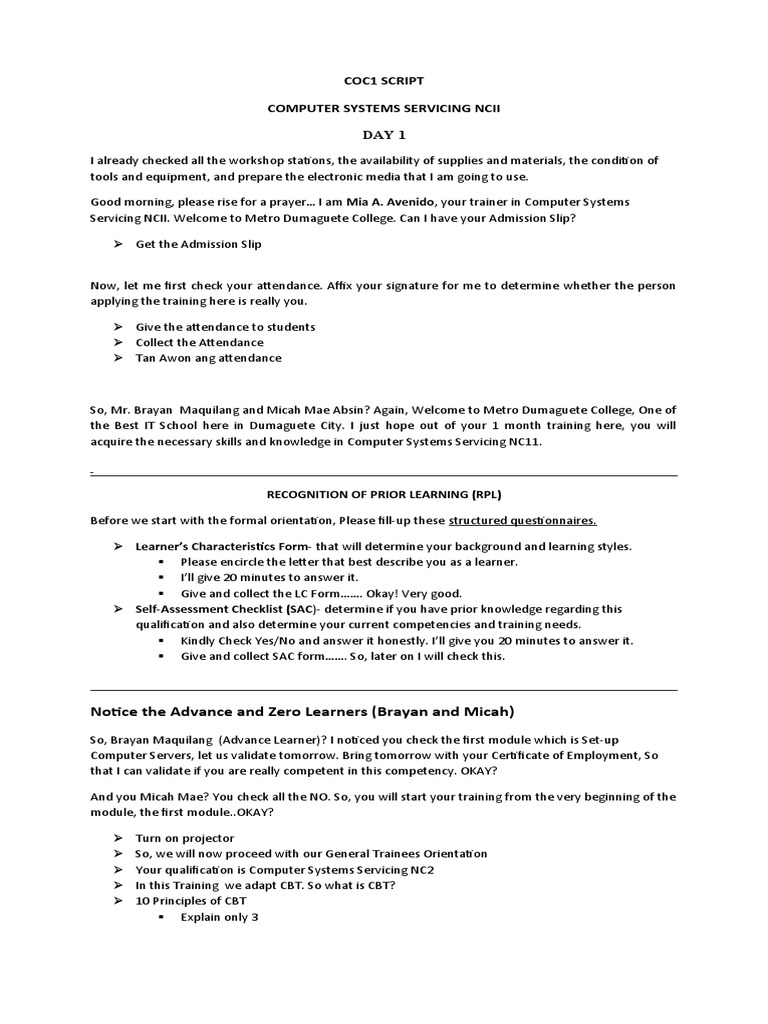 COC1 COC2 SCRIPT Trainers Methodology | PDF | Learning | Cognitive Science