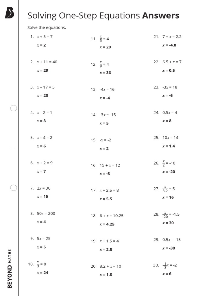 Solving One-Step Equations (Answers) | PDF
