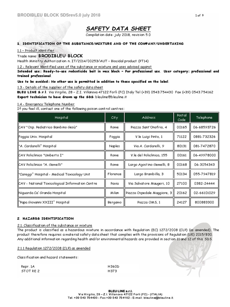 Sds Brodibleu Block En Rev05 2018 Pdf Toxicity Dangerous Goods