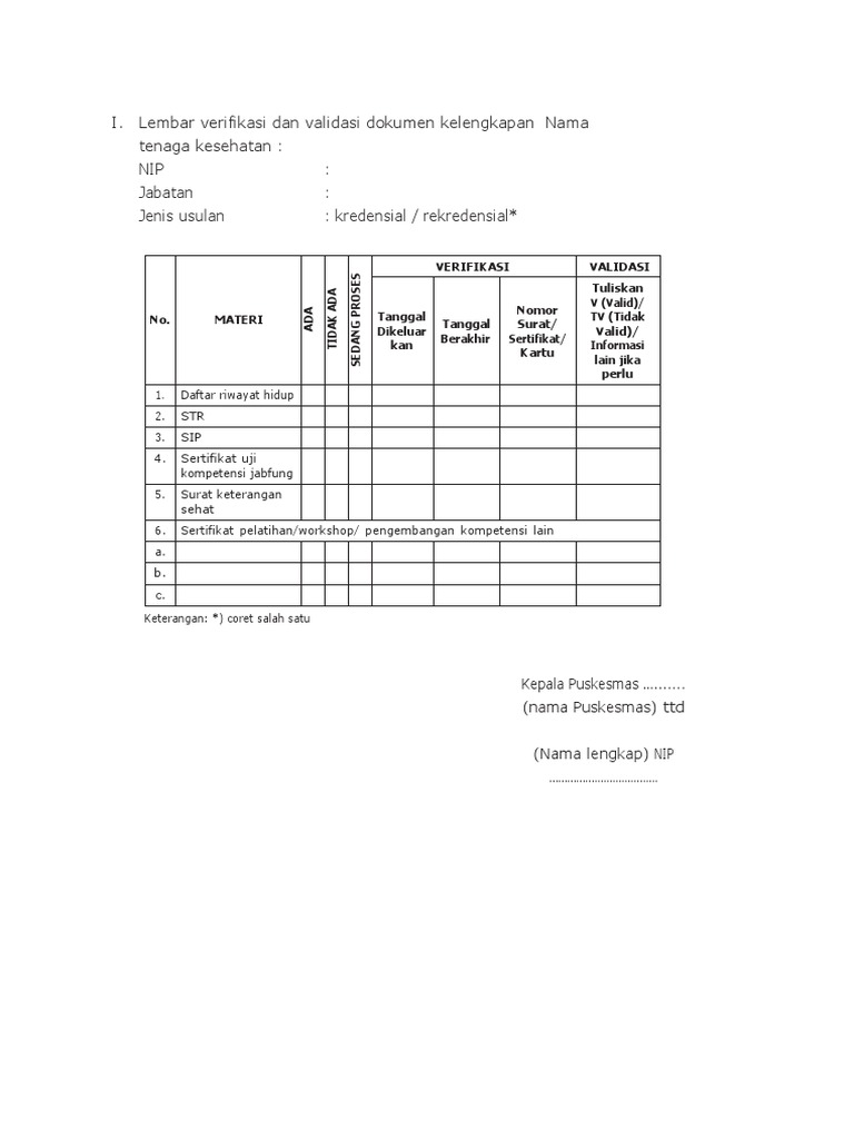 Lembar Verifikasi Dan Validasi Dokumen Kelengkapan Nama Tenaga Kesehatan | PDF