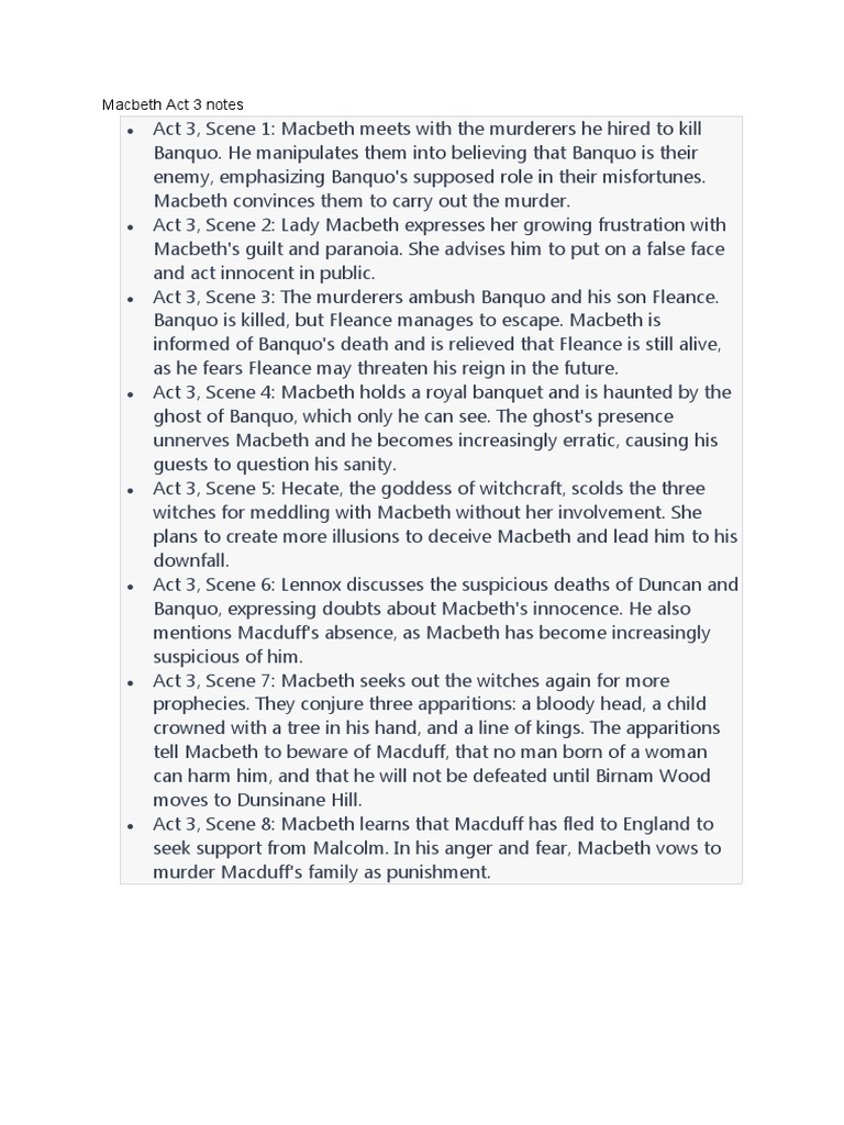 Macbeth Act 3 Notes Summary | PDF
