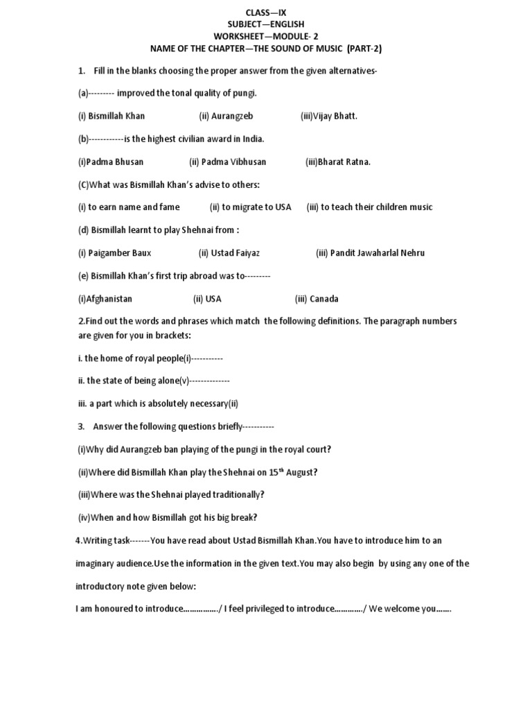 IX English The Sound of Music Worksheet For Module - 2 | PDF | Art