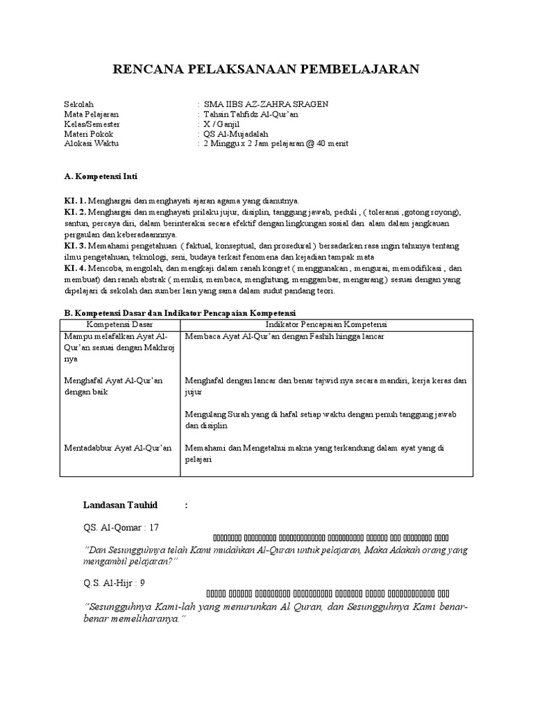 RPP Tahfidz Sma | PDF