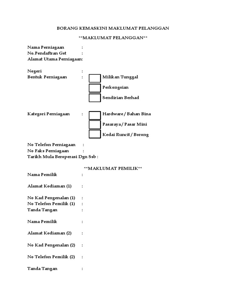 Borang Kemaskini Maklumat Pelanggan 2017 | PDF