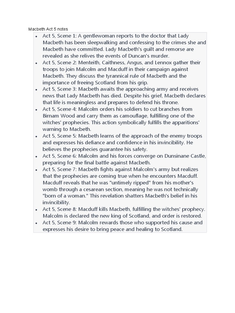 Macbeth Fifth Act Notes Summary | PDF