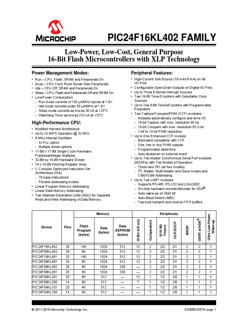 PIC24F16KL402 Family Data Sheet DS30001037D | PDF | Microcontroller | Central Processing Unit