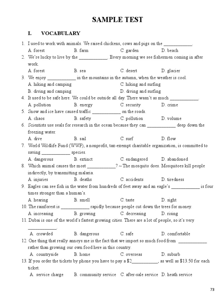24-Question Vocabulary and Grammar Test | PDF | Cost Of Living
