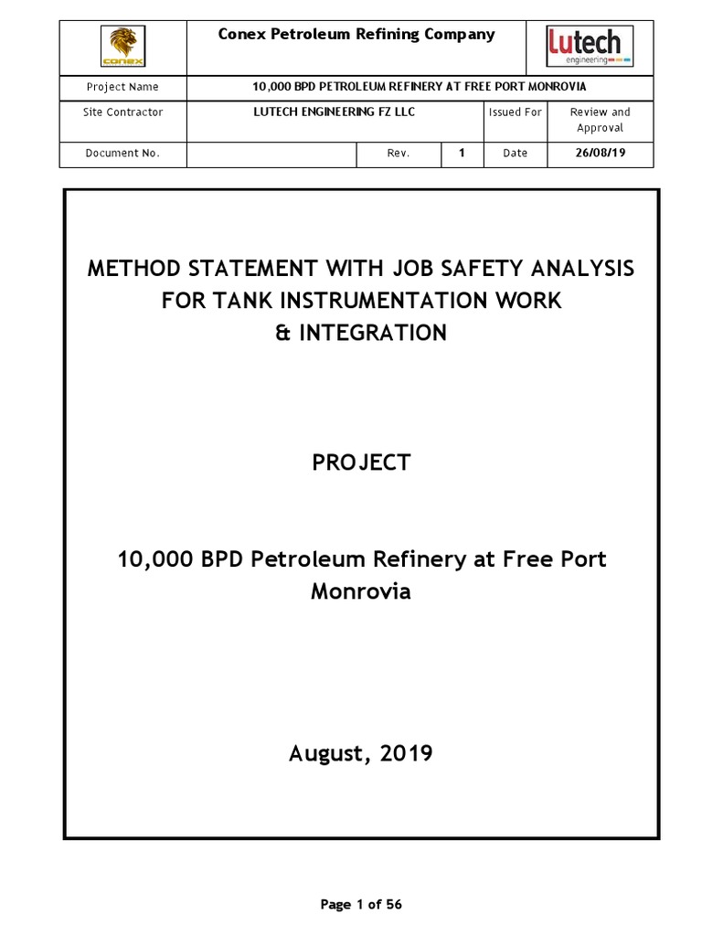 Method Statement With Job Safety Analysis Tank Instrumentation Work ...