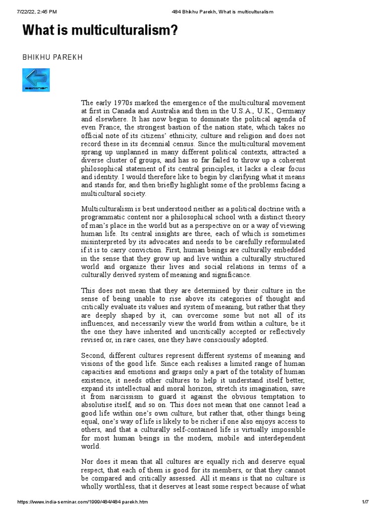 Bhikhu Parekh, What Is Multiculturalism | PDF | Multiculturalism | Autonomy