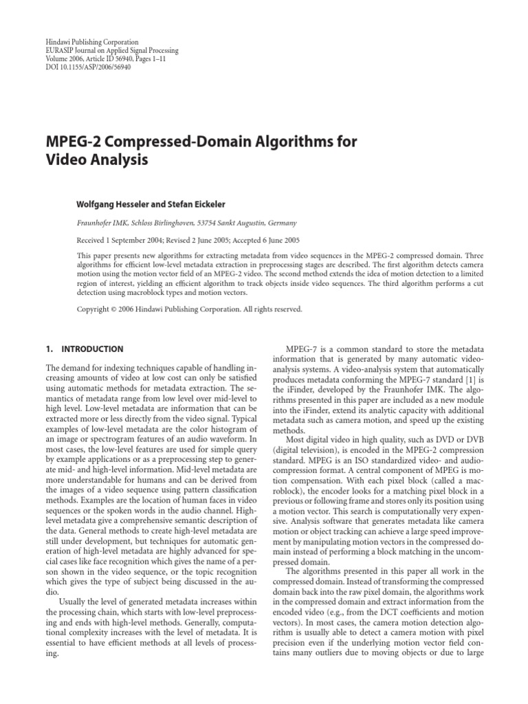 Mpeg 2 Compressed Domain Algorithms For Video Analysis | PDF | Data Compression | Digital Technology